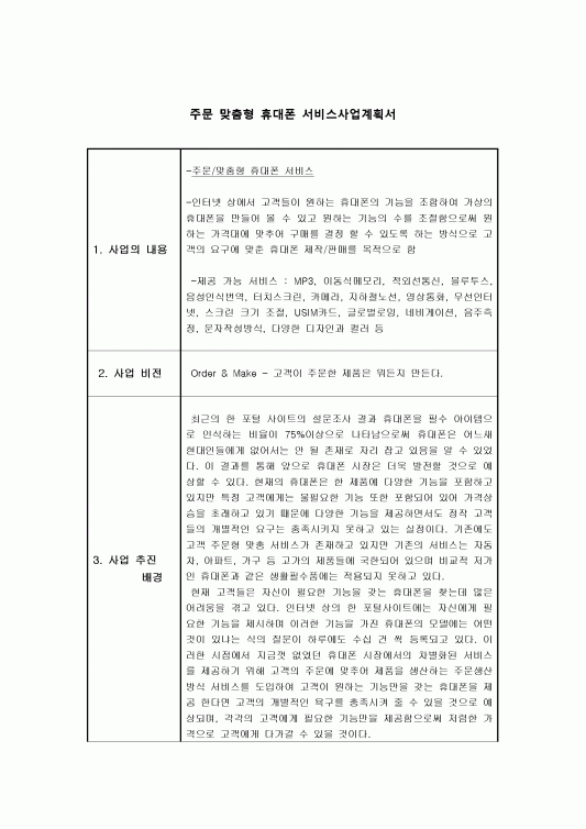 주문 맞춤형 휴대폰 서비스사업계획서