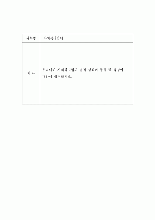우리나라 사회복지법의 법적 성격과 종류 및 특징에 대하여 설명하시오