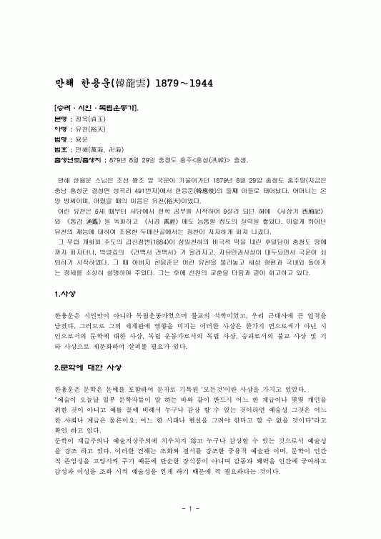 만해 한용운(韓龍雲) 1879∼1944