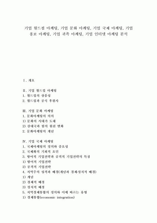 [마케팅][기업 월드컵 마케팅][기업 문화 마케팅][기업 국제 마케팅][기업 홍보 마케팅][기업 귀족 마케팅][기업 인터넷 마케팅]기업 월드컵 마케팅, 기업 문화 마케팅, 기업 국제 마케팅, 기업 홍보 마케팅, 기업 귀족 마케팅, 기업 인터넷 마케팅 분석