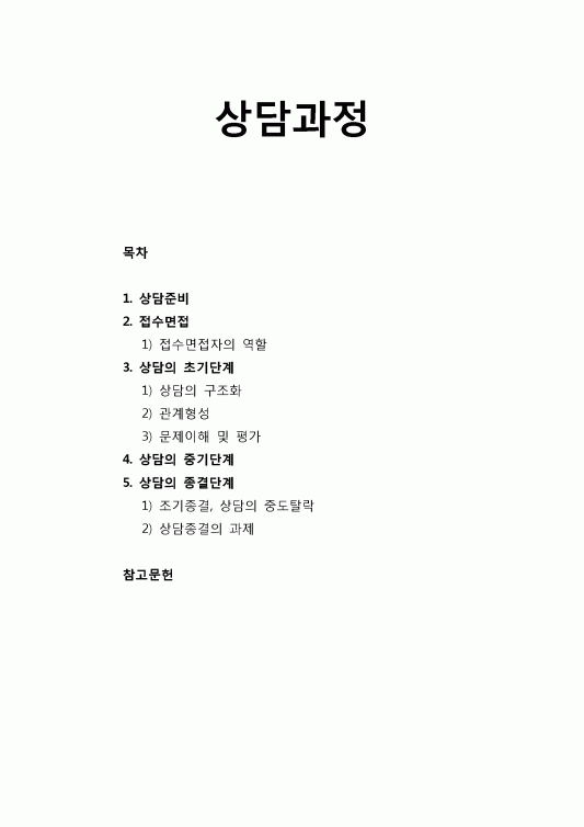 [청소년상담] 상담과정의 이해 - 상담준비, 접수면접(접수면접자의 역할), 상담의 초기단계, 상담의 중기단계(상담의 구조화, 관계형성, 문제이해 및 평가), 상담의 종결단계(조기종결, 상담의 중도탈락, 상담종결의