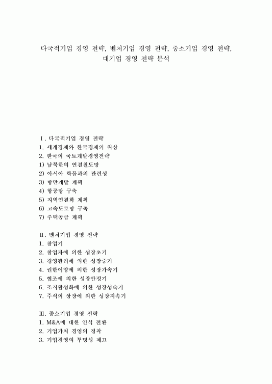 [기업경영전략][경영전략][기업경영][경영환경][경영][다국적기업 경영 전략][벤처기업 경영 전략][중소기업 경영 전략][대기업 경영 전략]다국적기업 경영 전략, 벤처기업 경영 전략, 중소기업 경영 전략, 대기업 경영 전략 분석