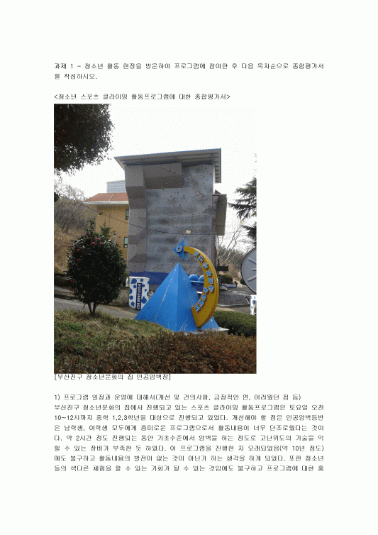 청소년활동프로그램(암벽등반)에 참여한 후의 종합평가서, 활동보고서
