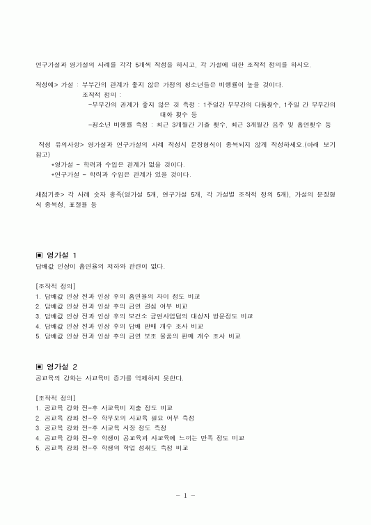 사회복지조사론(연구가설과 영가설의 사례를 각각 5개씩 작성을 하시고, 각 가설에 대한 조작적 정의)