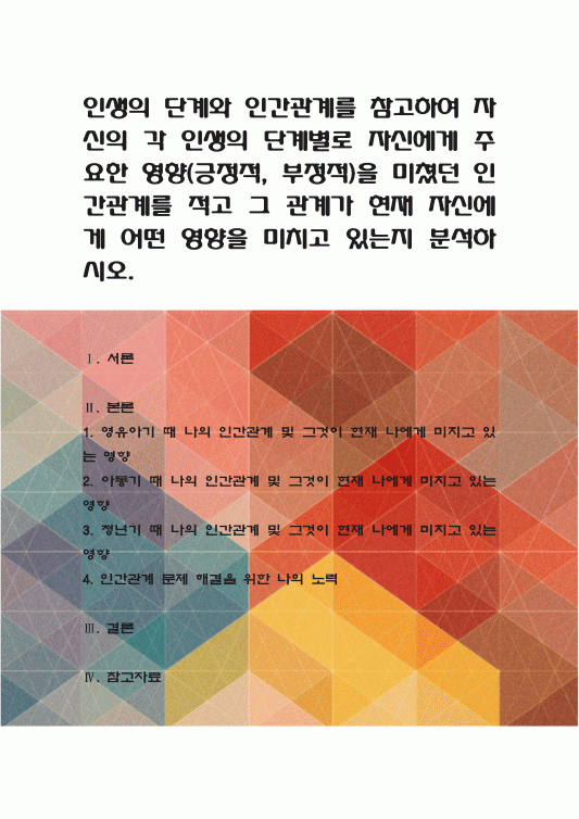 인생의 단계와 인간관계를 참고하여 자신의 각 인생의 단계별로 자신에게 주요한 영향(긍정적, 부정적)을 미쳤던 인간관계를 적고 그 관계가 현재 자신에게 어떤 영향을 미치고 있는지 분