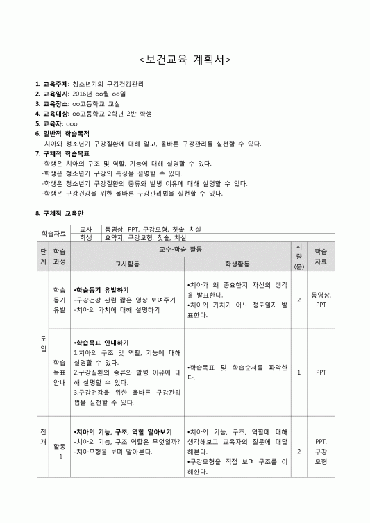 보건교육 계획서, 청소년기 구강관리 보건교육 계획서