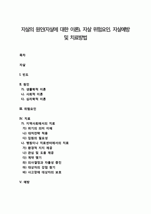 자살의 원인(자살에 대한 이론), 자살 위험요인, 자살예방 및 치료방법