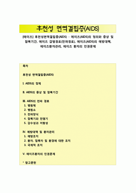 [에이즈] 후천성면역결핍증(AIDS) - 에이즈(AIDS)의 정의와 증상 및 잠복기간, 에이즈 감염경로(전파경로), 에이즈(AIDS)의 예방대책, 에이즈환자관리, 에이즈 환자의 인권문제