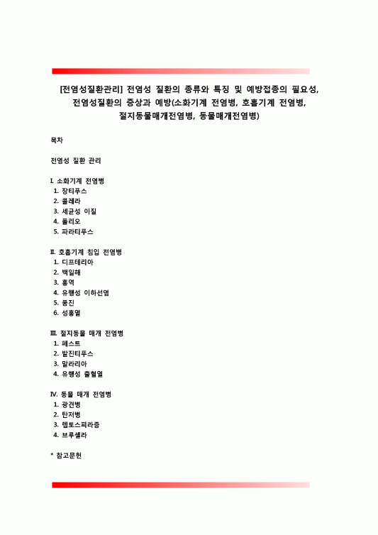 [전염성질환관리] 전염성 질환의 종류와 특징 및 예방접종의 필요성, 전염성질환의 증상과 예방(소화기계 전염병, 호흡기계 전염병, 절지동물매개전염병, 동물매개전염병)
