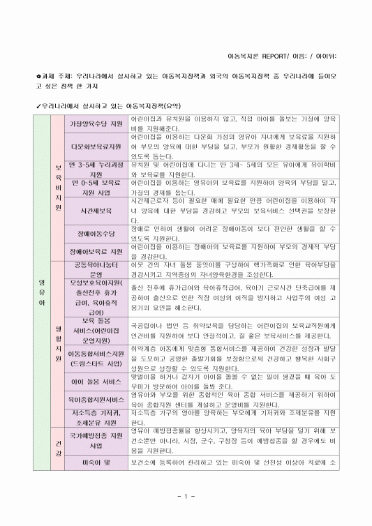 우리나라에서 실시하고 있는 아동복지정책과 외국의 아동복지정책 중 우리나라에 들여오고 싶은 정책 한 가지