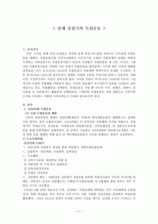 일제 강줴의 독립운동,국내 독립운동의 배경,주요독립단체,신민회,대한독립의군부,송죽회,대한광복회,3_1 운동,국외 독립운동,간도,연해주(블라디보스토크)