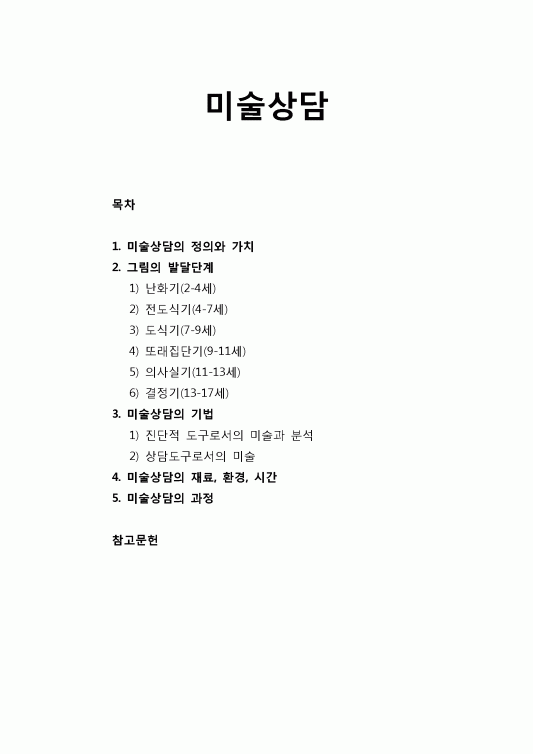 [생활지도와 상담] 미술상담의 정의와 가치, 그림의 발달단계, 미술상담의 기법, 미술상담의 재료와 환경 및 시간, 미술상담의 과정