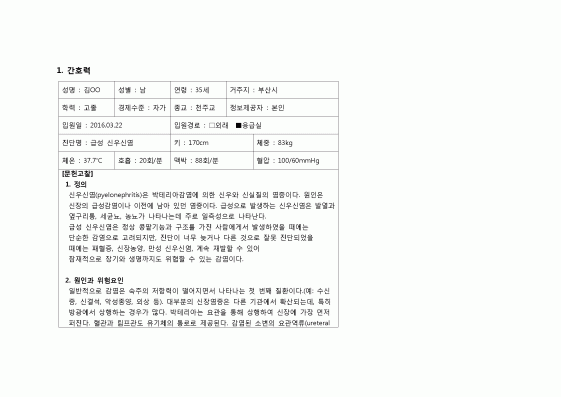 내과 실습 급성신우신염 간호과정