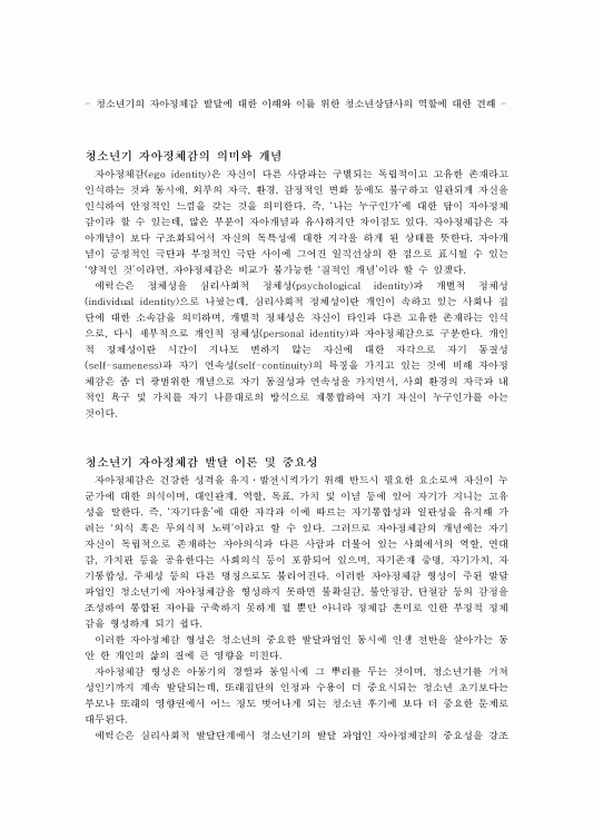 청소년기의 자아정체감 발달에 대한 이해와 이를 위한 청소년상담사의 역할