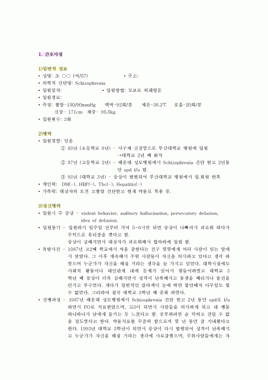 케이스, 간호진단, 간호과정, 정신분열증 케이스스터디, 스키조간호과정