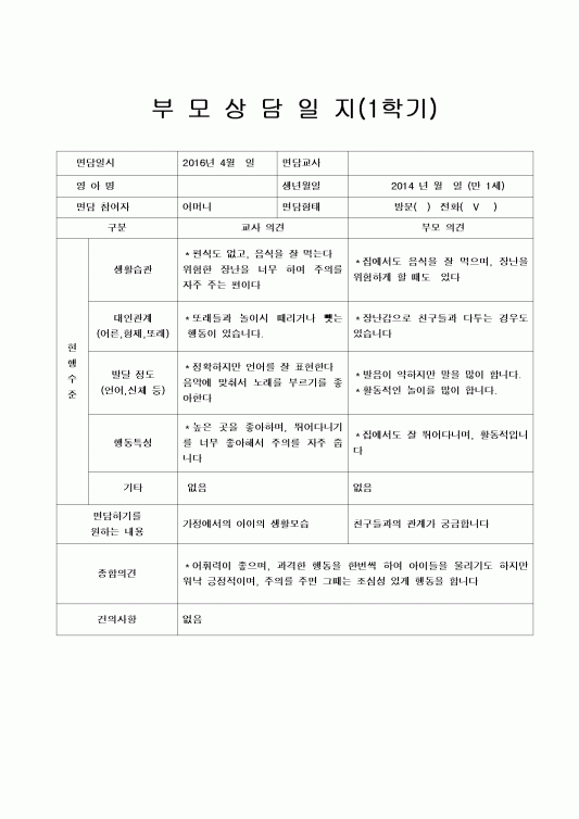 <만1세 부모상담일지-1학기> 만1세 1학기 부모상담일지 6명 분량입니다. (기본생활습관/대인관계-또래,형제/발달정도-언어,신체/행동특성/면담원하는내용/교사총평)