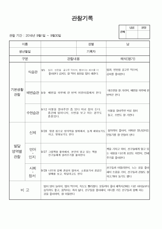 (만2세 관찰일지)만2세 9월 관찰일지 14명 분량입니다.