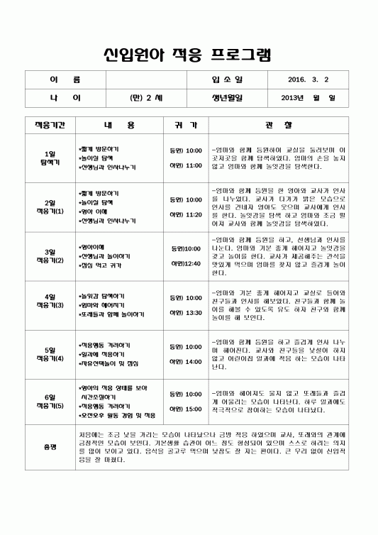 [신입원아 적응일지]만2세 신입원아적응일지 7명 분량입니다.
