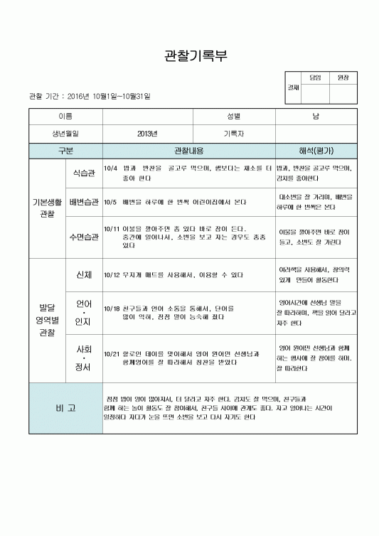 (만2세 관찰일지)만2세 10월 관찰일지 14명 분량입니다.