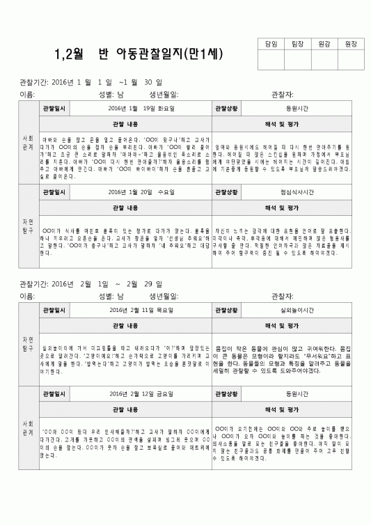 <만1세 관찰일지>만1세 1월, 2월 관찰일지 (5명 분량)