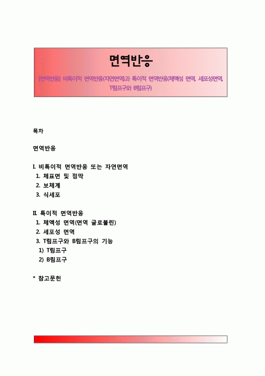 [면역반응] 비특이적 면역반응(자연면역)과 특이적 면역반응(체액성 면역, 세포성면역, T림프구와 B림프구)