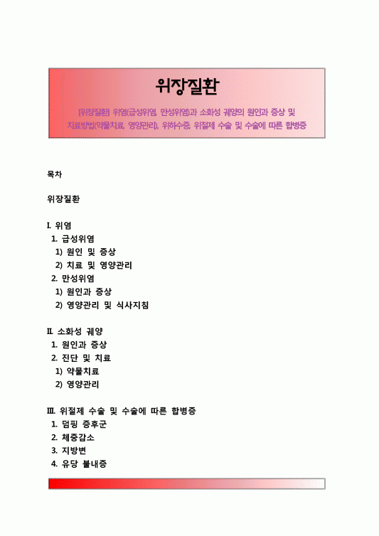 [위장질환] 위염(급성위염, 만성위염)과 소화성 궤양의 원인과 증상 및 치료방법(약물치료, 영양관리), 위하수증, 위절제 수술 및 수술에 따른 합병증