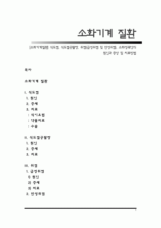 [소화기계질환] 식도염, 식도열공탈장, 위염(급성위염 및 만성위염), 소화성궤양의 원인과 증상 및 치료방법