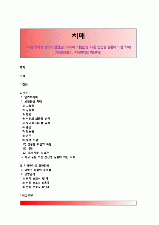 [치매] 치매의 정의와 원인(알츠하이머, 뇌혈관성 치매, 전신성 질환에 의한 치매), 치매발병요인, 치매환자의 영양관리