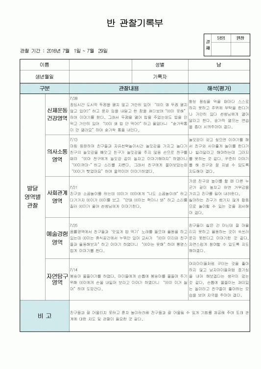 <만3세 관찰일지>만3세 7월 관찰일지 11명 분량입니다.