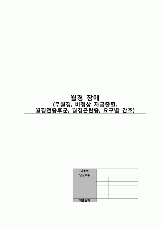 월경 장애 (무월경, 비정상 자궁출혈, 월경전증후군, 월경곤란증, 요구별 간호)