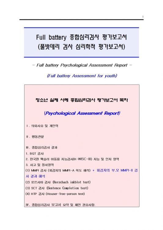 종합심리검사 평가보고서 작성법(프로파일과 그래프사진 첨부.종합심리검사,BGT,지능검사 K-WISC-III,MMPI-A 척도 해석,로샤,TAT,문장완성 SCT,HTP 해석)실제 심리평가 청소년 사례 레포트 보고서.구매 평가:감동