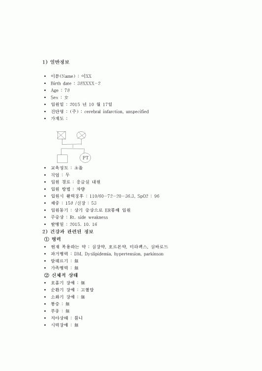 뇌경색, 케이스스터디, cerebral infarction, 활동내구성장애, 불안, 낙상위험성