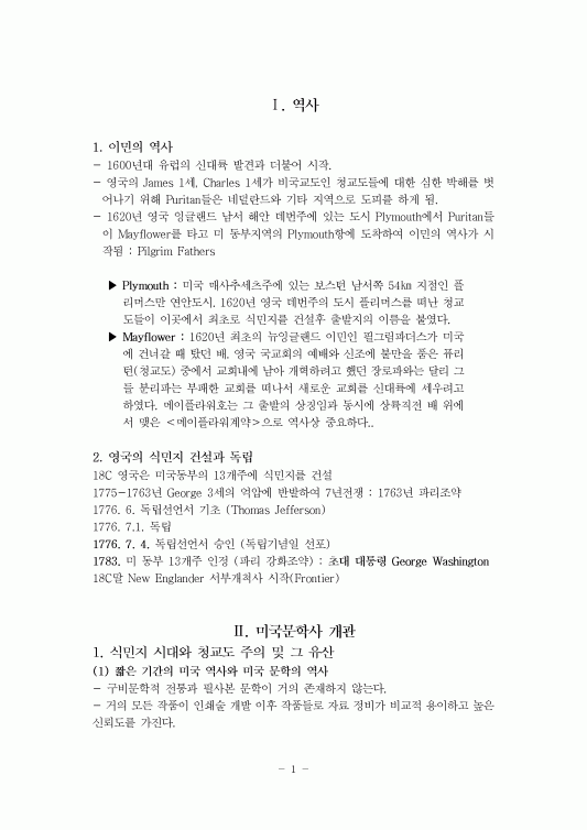 미국 문학사 개관과 미국 주요 작가들의 특징 정리