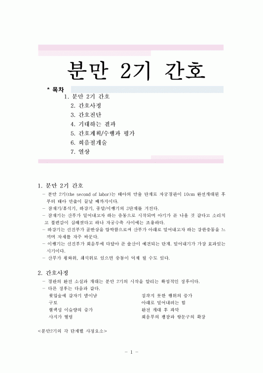분만 2기 간호 1. 분만 2기 간호 2. 간호사정 3. 간호진단 4. 기대하는 결과 5. 간호계획수행과 평가 6. 회음절개술 7. 열상