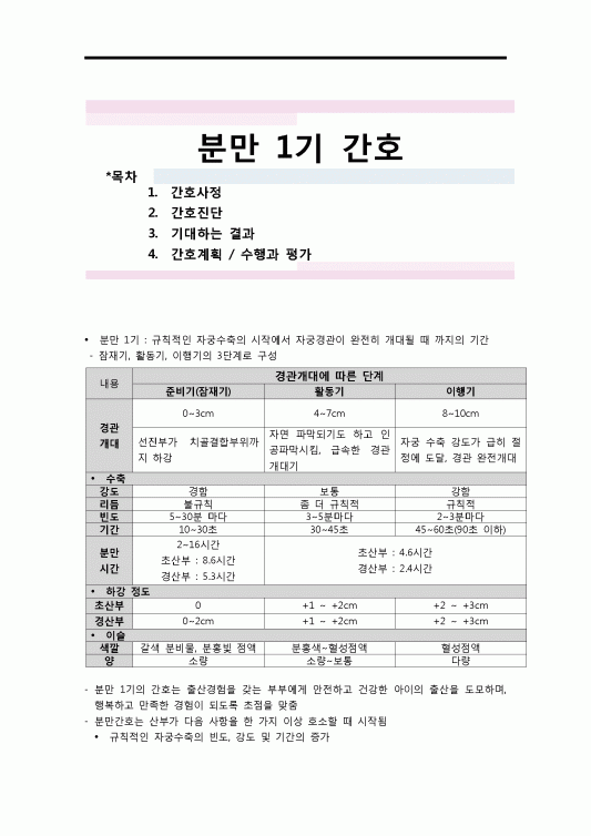 분만 1기 간호 1. 간호사정 2. 간호진단 3. 기대하는 결과 4. 간호계획 수행과 평가