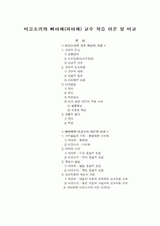 비고츠키의 교수·학습의 조건, 삐아제와 비고츠키 이론의 비교(영양교재연구  및 지도법)
