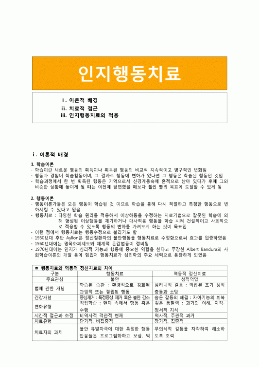 인지행동치료 (ⅰ. 이론적 배경 ⅱ. 치료적 접근 ⅲ. 인지행동치료의 적용)