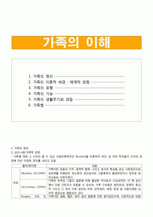 가족의 이해 (1. 가족의 정의 2. 가족의 이론적 배경 : 체계적 관점 3. 가족의 유형 4. 가족의 기능 5. 가족의 생활주기와 과업 6. 가족법)