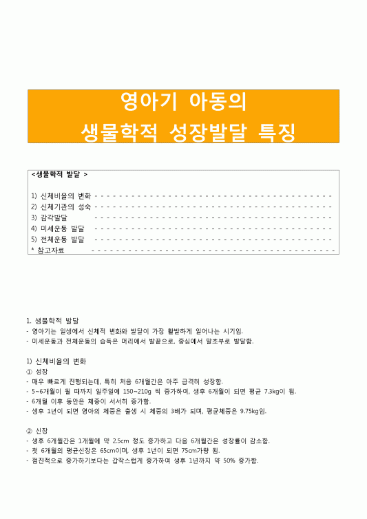 영아기 아동의 생물학적 성장발달 특징 (1) 신체비율의 변화 2) 신체기관의 성숙 3) 감각발달 4) 미세운동 발달 5) 전체운동 발달)