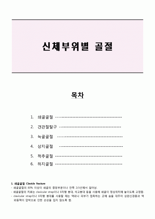 신체부위별 골절(1. 쇄골골절 2. 견관절탈구 3. 늑골골절 4. 상지골절 5. 척추골절 6. 하지골절)