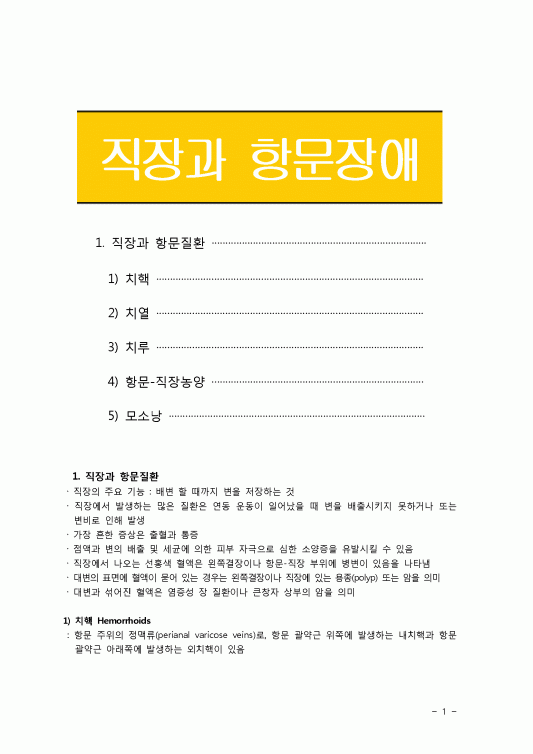 직장과 항문장애(1. 직장과 항문질환 1) 치핵 2) 치열 3) 치루 4) 항문-직장농양 5) 모소낭)
