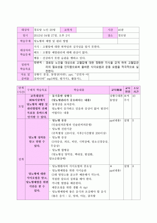지역사회간호학 당뇨병 보건교육계획안