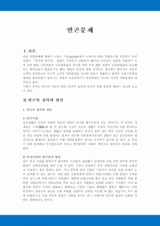 빈곤문제 정의 원인 및 대처방안