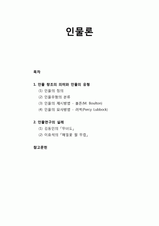[한국현대소설론] 인물론 - 인물 창조의 의미와 인물의 유형, 인물연구의 실례(김동인의 무녀도, 이효석의 메밀꽃 필 무렵)