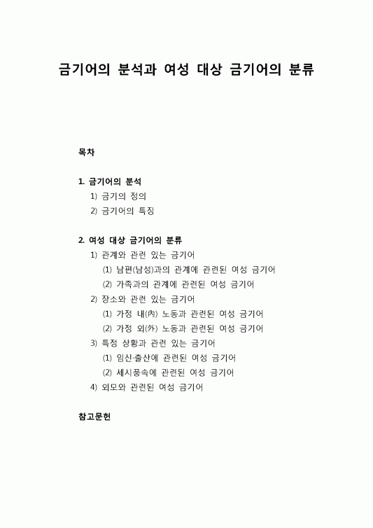 [한국어교육과 한국문화] 금기어의 분석과 여성 대상 금기어의 분류 - 금기의 정의와 금기어의 특징, 여성 대상 관계, 장소, 특정 상황, 외모와 관련된 여성 금기어