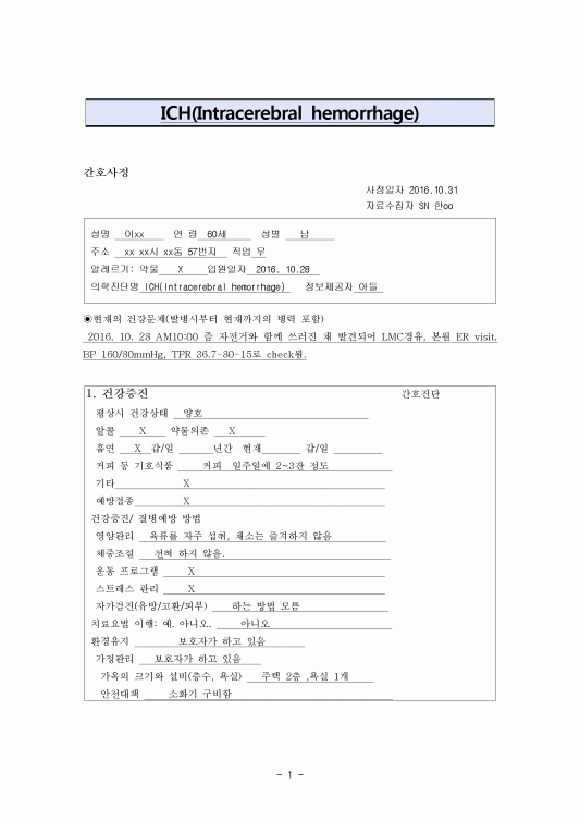 ICH(Intracerebral hemorrhage) 케이스 스터디, ICH 간호과정, ICH 케이스, ICH 케이스 스터디, ICH 사례연구, 뇌내출혈 케이스, 뇌내출혈 CASE