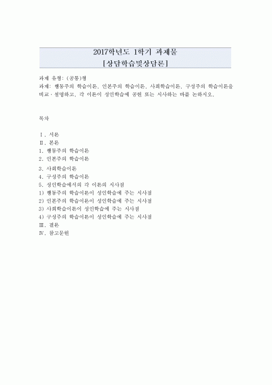 성인학습및상담론 공통) 행동주의 학습이론, 인본주의 학습이론, 사회학습이론, 구성주의 학습이론을 비교·설명하고, 각 이론이 성인학습에 공헌 또는 시사하는 바를 논하시오.