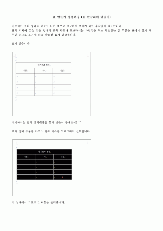 표 만들기 응용과정 (표 깔끔하게 만들기)