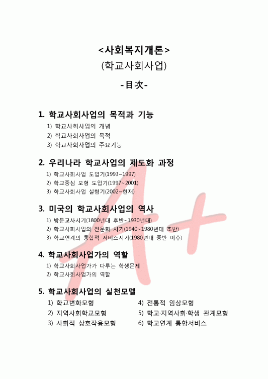 학교사회사업의 목적과 기능 우리나라 학교사업의 제도화 과정 미국의 학교사회사업의 역사 학교사회사업가의 역할