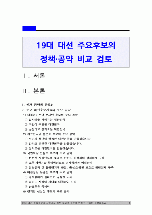 [19대 대통령 선거] 19대 대선 주요후보의 정책 및 공약 비교검토 - 문재인, 홍준표, 안철수, 유승민, 심상정 후보 비교